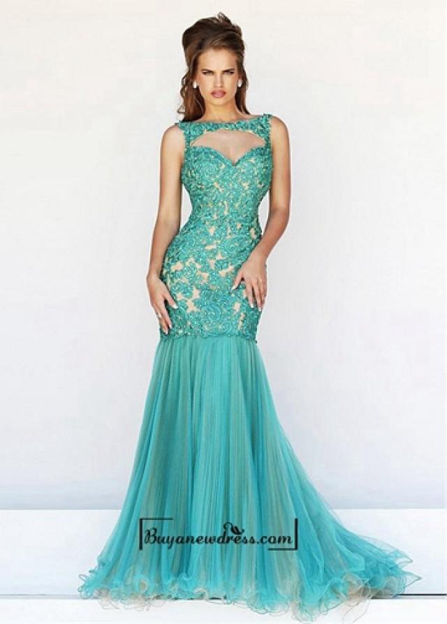 Alluring Tulle Bateau Neckline Mermaid Evening Dress With Train