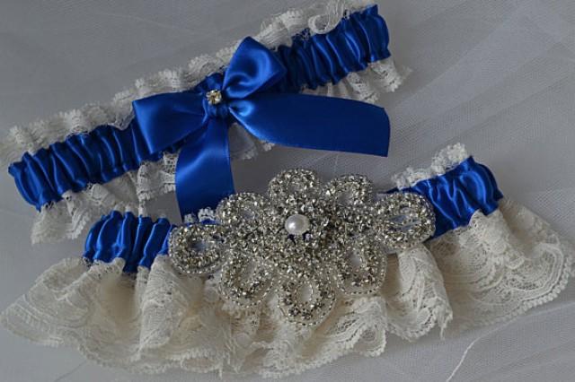 Wedding Garter Set Royal Blue Garters With Ivory Raschel Lace And