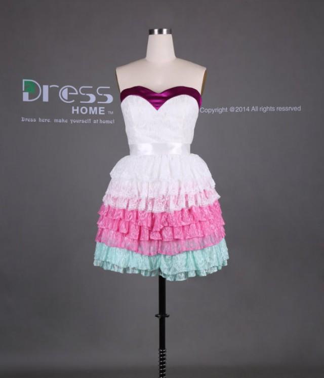 Colorful Sweetheart Purple Pink Green White Lace Ball Gown Short