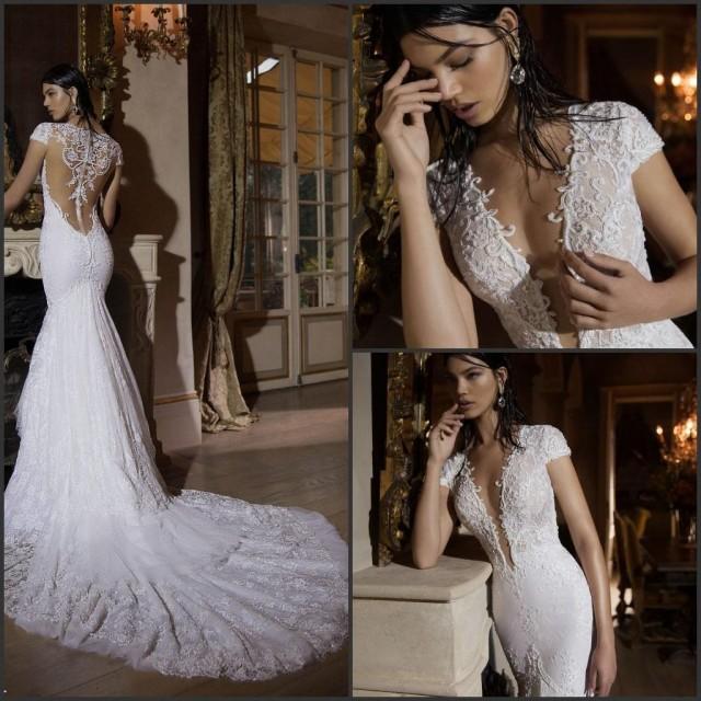 Berta 2015 Mermaid Wedding Dresses Deep V Neck Sheer Back Short Sleeves