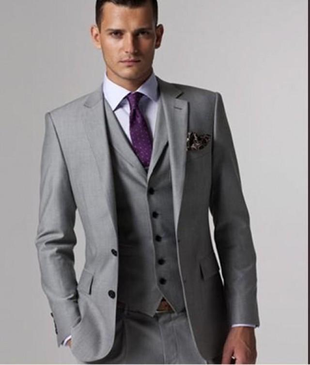 Custom Made Slim Fit Groom Tuxedos Light Grey Side Slit Best Man Suit