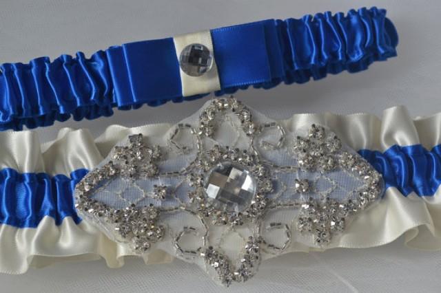 Wedding Garter Set Royal Blue Garters With Ivory And Rhinestone