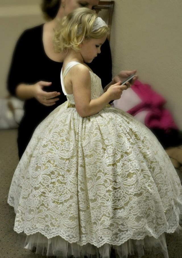 Flower Girl Dress Lace And Gold Sequin Ivory Tutu Dress Lace Flower