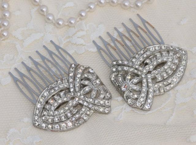 1920s Art Deco Pair Ooak Bridal Hair Combs Silver Pave Paved Rhinestone