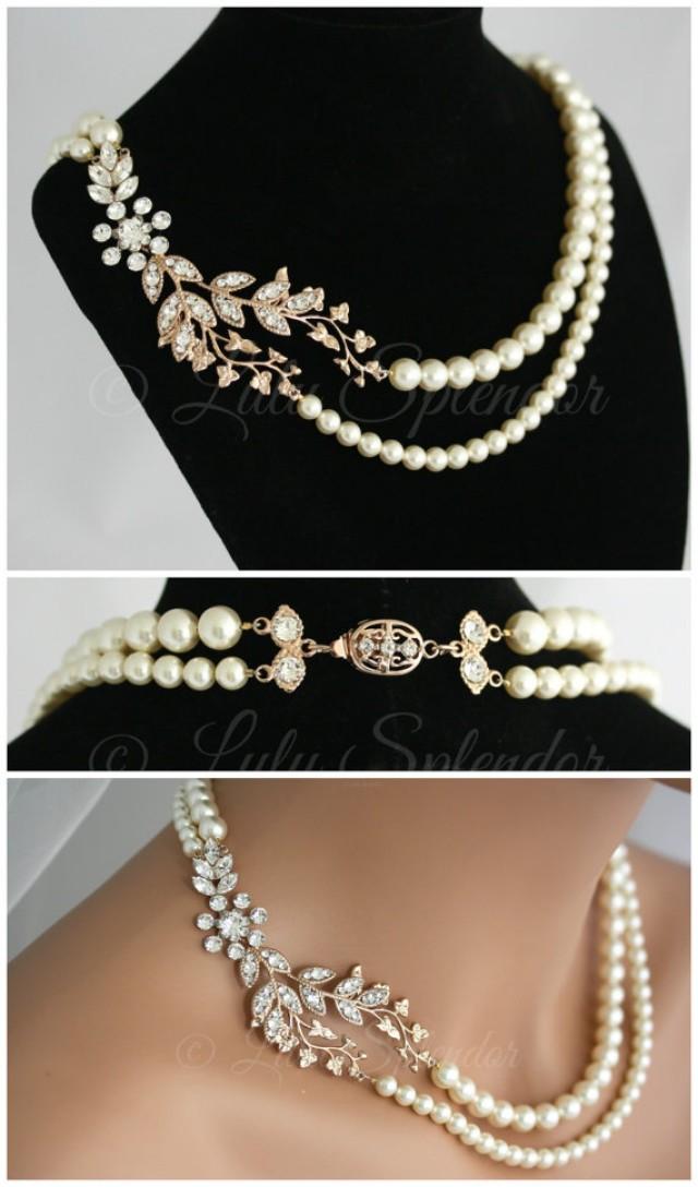 Rose Gold Bridal Necklace Leaf Wedding Necklace Art Deco Crystal Pearl