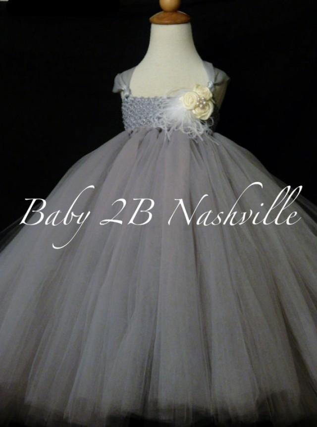 Silver Grey Flower Girl Tutu Dress With Ivory And White Detailing