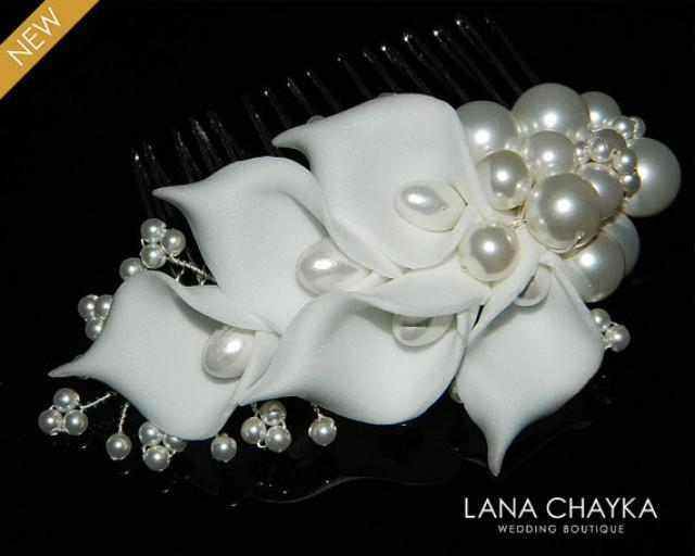 White Pearl Bridal Hair Comb Swarovski Pearl Floral Comb Wedding Floral