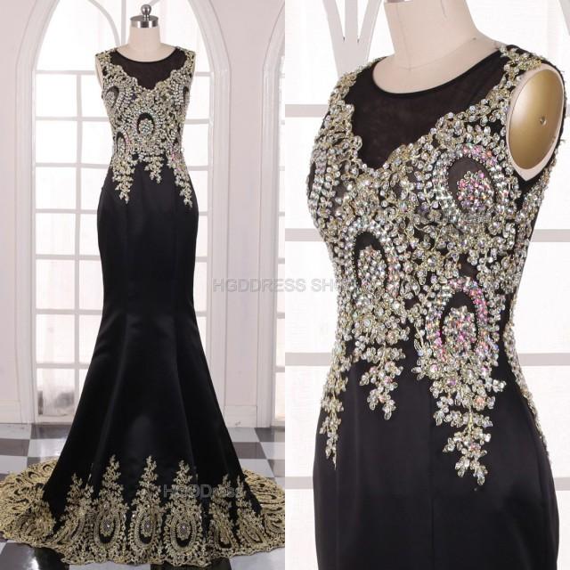 Black Bridesmaid Dress Handmade Beading Crystal Rhinestone Satin Prom