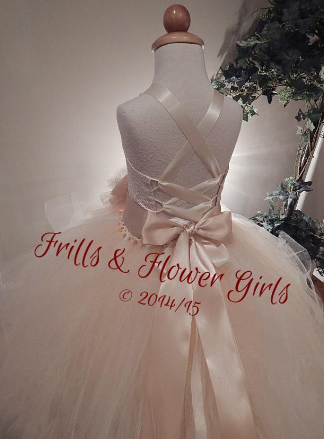 Champagne Flower Girl Dress Ivory Lace Over Satin Corset Halter