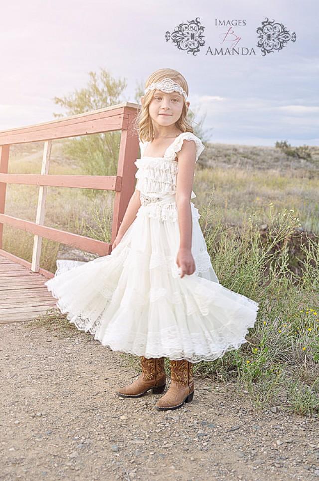 Lace Flower Girl Dress Rhinestone Sash And Headband Ivory Champagne