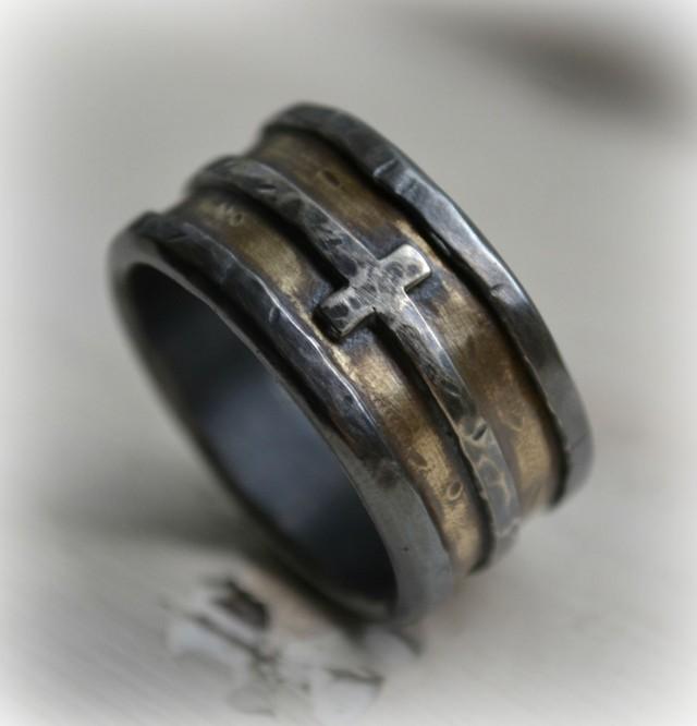 Mens Wedding Band - Rustic Fine Silver Brass And Sterling Silver Cross ... Mens Wedding Band - Rustic Fine Silver Brass And Sterling Silver Cross ...