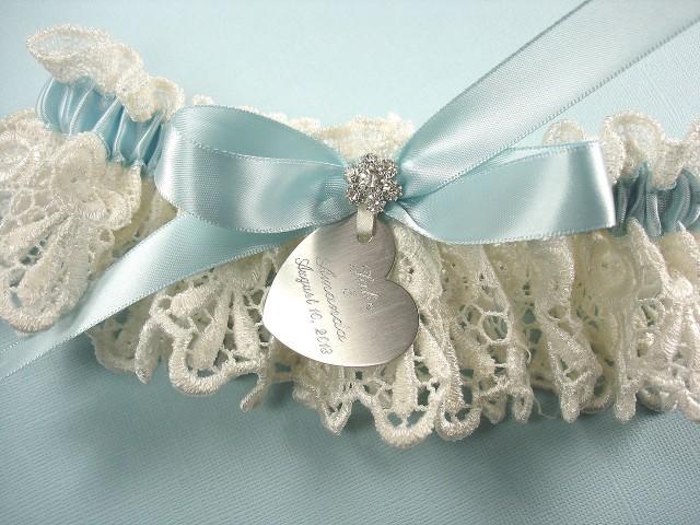 Something Blue Wedding Garter Personalized Garter In Ivory Venise Lace
