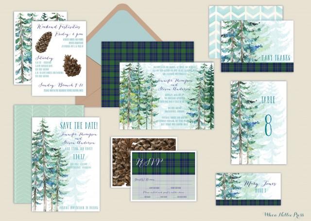 Rustic Pine Invitations - Watercolor Tree Wedding Invitations-Winter/Outdoors/Forest/Woodland ...