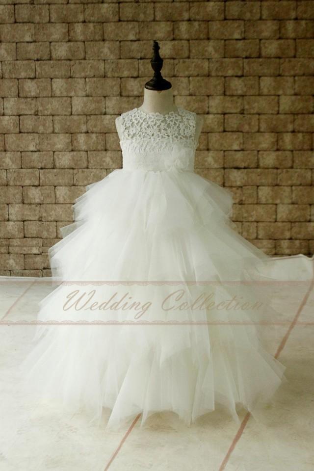 Layered Ivory Lace Tulle Flower Girl Dress With Flower Tulle Waitband