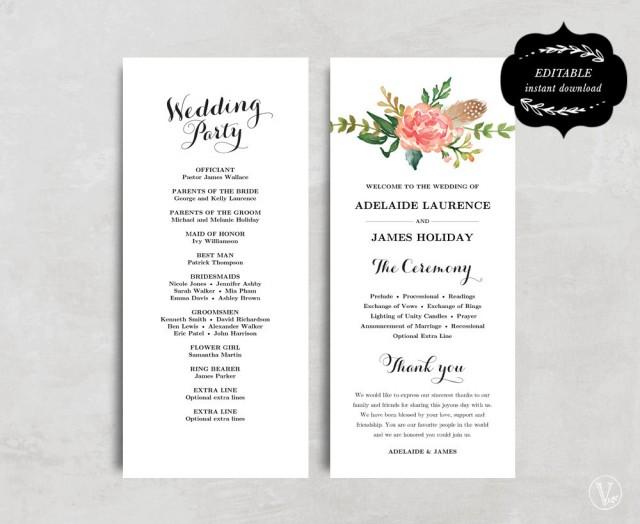 Printable Wedding Program Template Floral Wedding Program Boho 