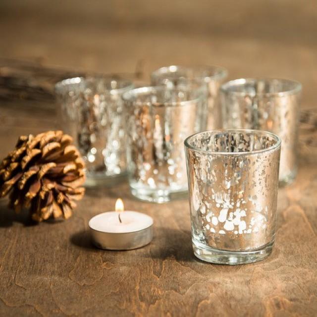 Set Of 24 Silver Mercury Glass Candle Votive Mercury Glass Tea Light