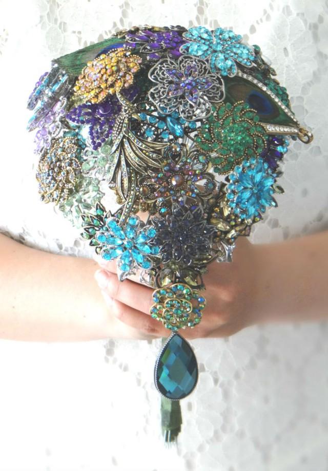 Cascading Peacock Brooch Bouquet With Real Peacock Feathers - Blue ... Cascading Peacock Brooch Bouquet With Real Peacock Feathers - Blue ...