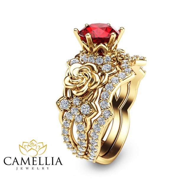 Natural Ruby Engagement Ring Set Unique Ruby Bridal Rings 14K Yellow ... Natural Ruby Engagement Ring Set Unique Ruby Bridal Rings 14K Yellow ...