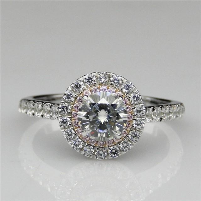 1ct Round Charlesandcolvard Moissanite Double Halo Pink Accents 14k White