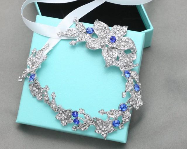 9 Inch Blue Long Leaf Rhinestone Crystals Headband Wedding Bridal