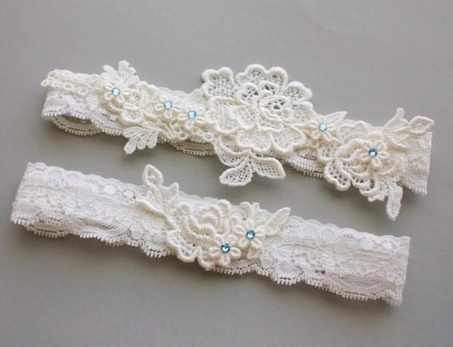 Ivory Lace Wedding Garter Set Something Blue Garter Set Ivory Lace