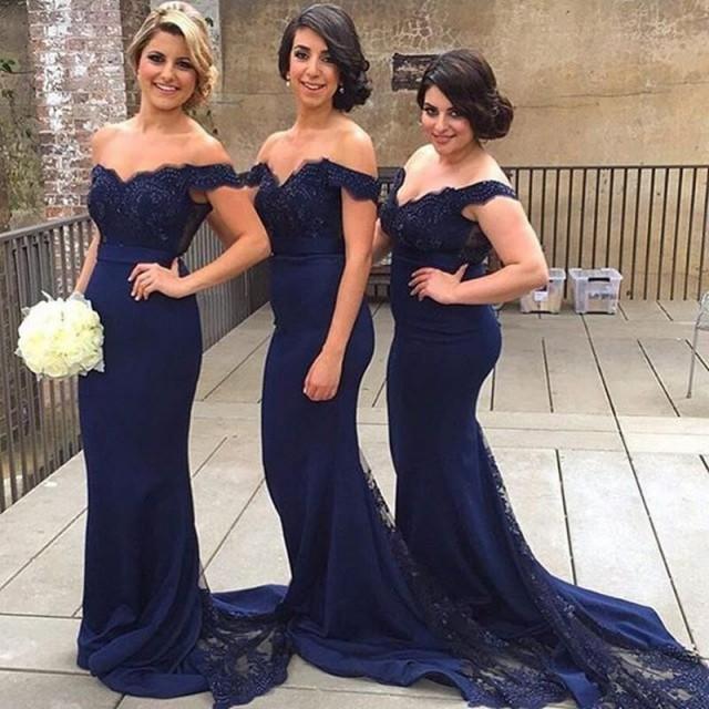 Perfect Navy Blue Bridesmaid Dress Mermaid Off Shoulder Sweep Train