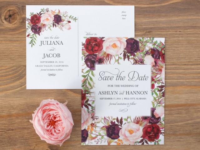 Save The Date Postcard Rustic Floral Blush Red Marsala Plum