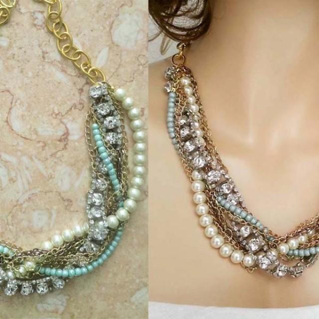 Chunky Pearl Rhinestone Necklace, Bridal Necklace Bib, Bridesmaids ... Chunky Pearl Rhinestone Necklace, Bridal Necklace Bib, Bridesmaids ...