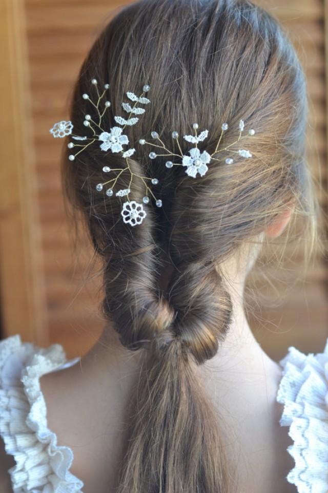 Ivory Lace Bridal Hair Pins Set Of Two Gold Hair Pins Pearl Crystals