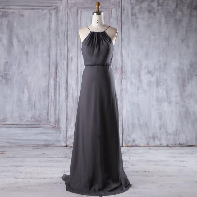 2016 Charcoal Gray Chiffon Bridesmaid Dress Long Spaghetti Straps