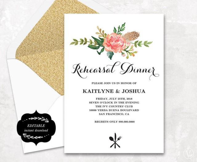Printable Rehearsal Dinner Invitation Card Template Floral Boho 
