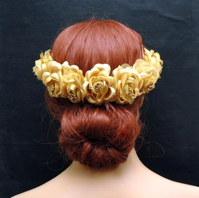 Flower Crown Gold Rustic Bohemian Wedding Hair Vine, Bridal Wreath ... Flower Crown Gold Rustic Bohemian Wedding Hair Vine, Bridal Wreath ...