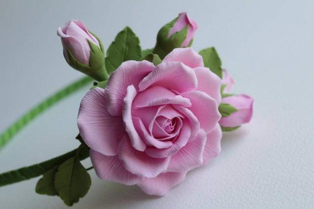Make To Order Hair Alice Band Polymer Clay Flower Pink Rose With Buds