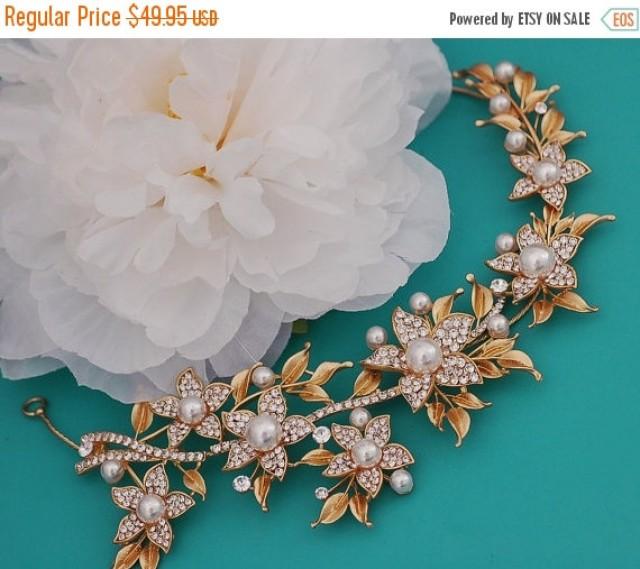 Gold Bridal Headband Vine Crystal Pearl Headpiece Bride Hair Piece Head
