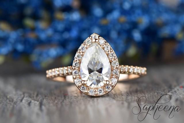 Pear Halo Moissanite Engagement Ring In 14k Rose Gold 9x6mm Pear Cut