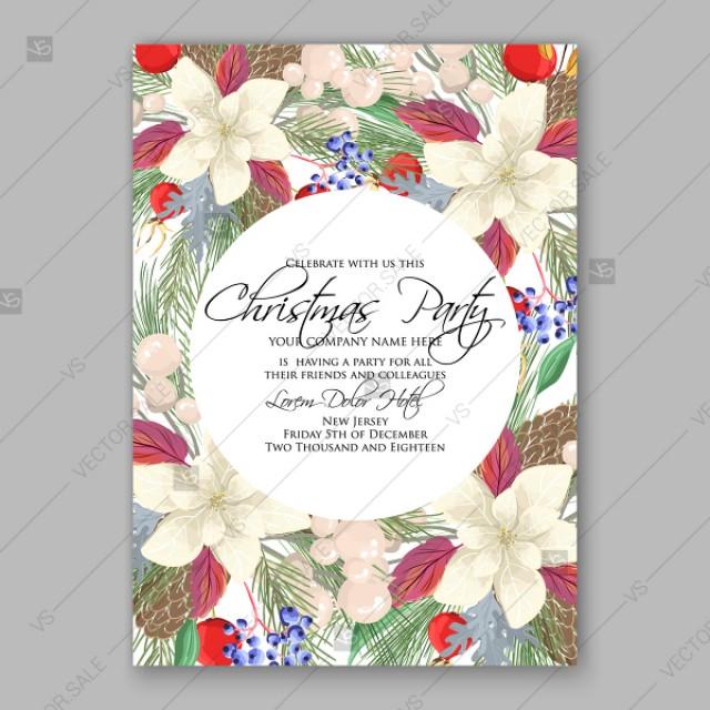 Merry Christmas Party Invitation Wreath White Poinsettia Fir Red Briar 