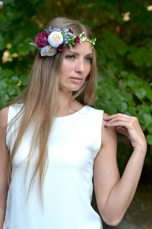 Burgundy White Wedding Flower Crown Bridal Headband Boho Bride Floral
