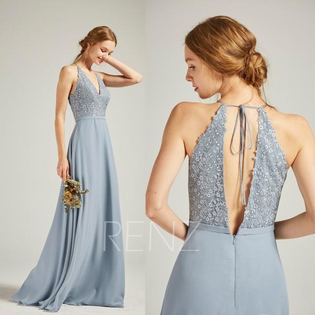 Prom Dress Long Dusty Blue Chiffon Bridesmaid Dress Wedding Dress V