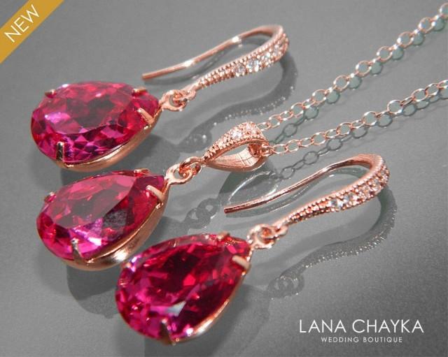 Fuchsia Rose Gold Jewelry Set Hot Pink Earringsandnecklace Crystal Set