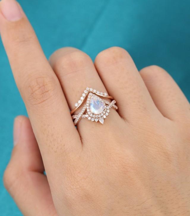 Pear Shaped Moonstone Engagement Ring Set Rose Gold Engagement Ring