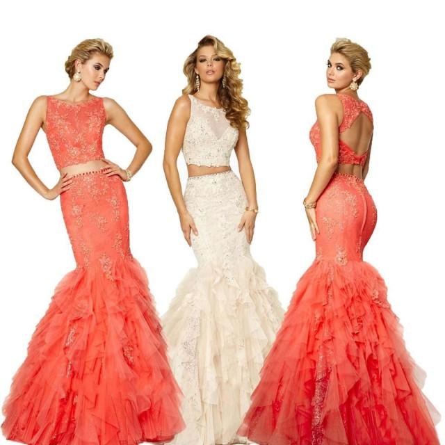 2015 Two Piece Evening Prom Dresses Jewel Neck Open Back Lace Appliqued ...