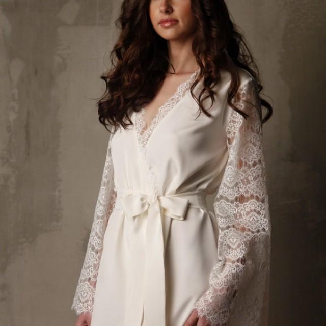 Short Silk Bridal Robe With Lace Sleeves F6, Bridal Lingerie, Wedding ...