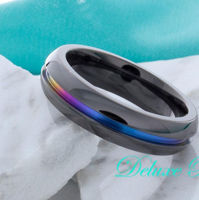 Black Titanium Ring 6mm Blue Anodized Rainbow Dome Anniversary Promise ...