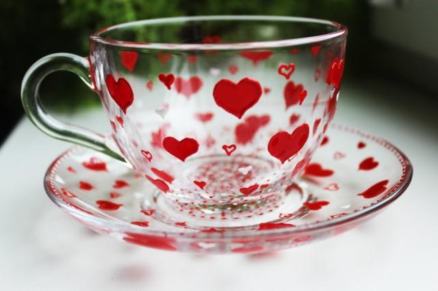 Unique Gift Cup Hand Painted Red Hearts Tea Set Glass Tea Cup Set For ...