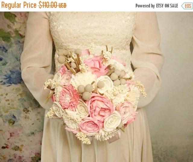 READY To SHIP Cream Pink Rustic Wedding BOUQUET Ivory Pink Sola Flowers ...