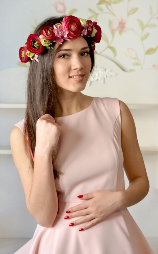 Pink Red Floral Crown Boho Flower Head Wreath Bridal Ranunculus Crown ...